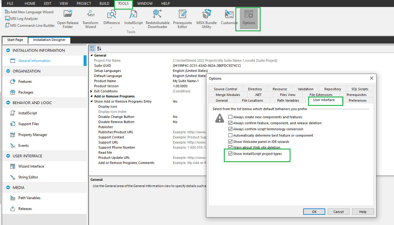 How and where to enable the option "Show InstallScript Project types" to create InstallScript ...